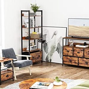 Furologee 6-Tier Bookshelf and Nightstand Set, Tall Bookcase and Rustic End Table with Fabric Drawers, Metal Frame, Rustic Brwon