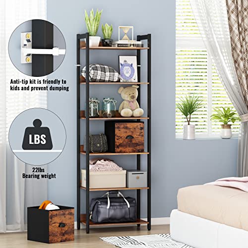 Furologee 6-Tier Bookshelf and Nightstand Set, Tall Bookcase and Rustic End Table with Fabric Drawers, Metal Frame, Rustic Brwon