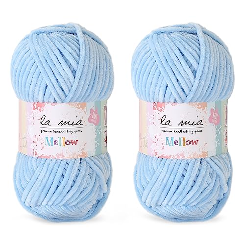 2 Skein La Mia Mellow Velvet Chenille Yarn for Knitting and Crocheting Baby Clothes, Blankets and Accessories, 100% Polyester, 100 gr (3.5 oz) / 115 m (125 Yards), Super Bulky, Baby Blue - 907