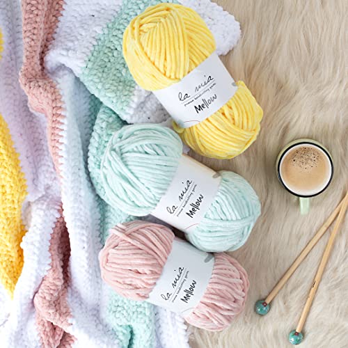 2 Skein La Mia Mellow Velvet Chenille Yarn for Knitting and Crocheting Baby Clothes, Blankets and Accessories, 100% Polyester, 100 gr (3.5 oz) / 115 m (125 Yards), Super Bulky, Baby Blue - 907