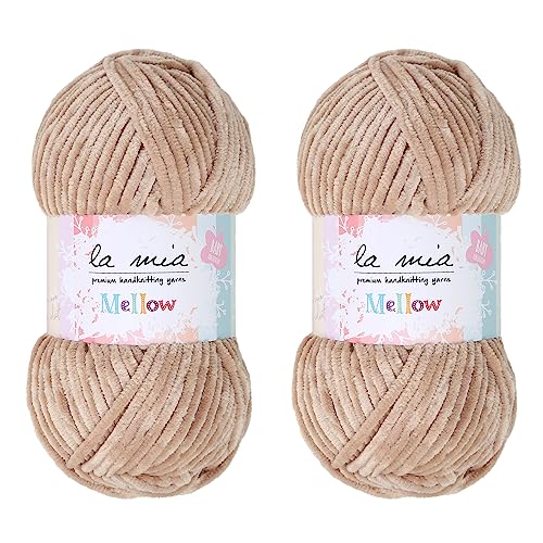 2 Skein La Mia Mellow Velvet Chenille Yarn for Knitting and Crocheting Baby Clothes, Blankets and Accessories, 100% Polyester, 100 gr (3.5 oz) / 115 m (125 Yards), Super Bulky, Beige - 908