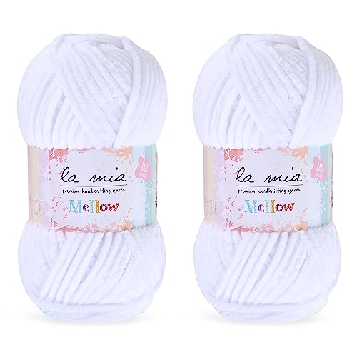 2 Skein La Mia Mellow Velvet Chenille Yarn for Knitting and Crocheting Baby Clothes, Blankets and Accessories, 100% Polyester, 100 gr (3.5 oz) / 115 m (125 Yards), Super Bulky, White - 901