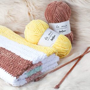 2 Skein La Mia Mellow Velvet Chenille Yarn for Knitting and Crocheting Baby Clothes, Blankets and Accessories, 100% Polyester, 100 gr (3.5 oz) / 115 m (125 Yards), Super Bulky, White - 901