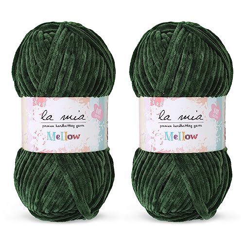 2 Skein La Mia Mellow Velvet Chenille Yarn for Knitting and Crocheting Baby Clothes, Blankets and Accessories, 100% Polyester, 100 gr (3.5 oz) / 115 m (125 Yards), Super Bulky, Green - 938