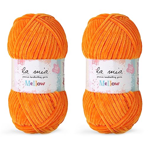 2 Skein La Mia Mellow Velvet Chenille Yarn for Knitting and Crocheting Baby Clothes, Blankets and Accessories, 100% Polyester, 100 gr (3.5 oz) / 115 m (125 Yards), Super Bulky, Neon Orange - 937