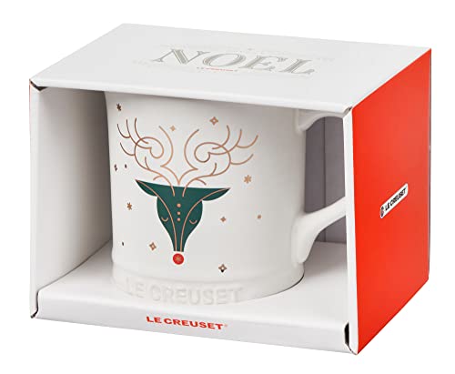 Le Creuset Stoneware Noel Collection Reindeer Face Mug, White w/Applique, 14 oz.