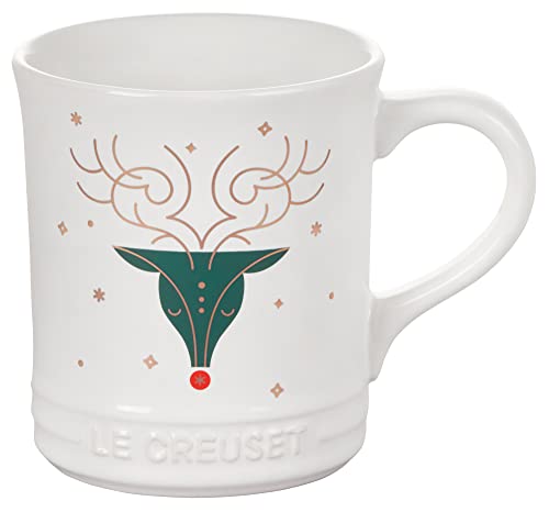 Le Creuset Stoneware Noel Collection Reindeer Face Mug, White w/Applique, 14 oz.