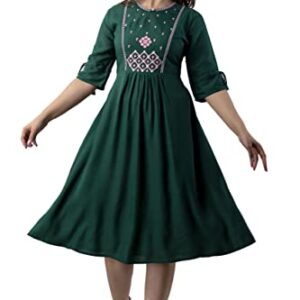 JG Rayon Maxican Embroidered Peasant Women's Anarkali Rayon Gown Kurta Flared Kurti For Women -(GREEN)