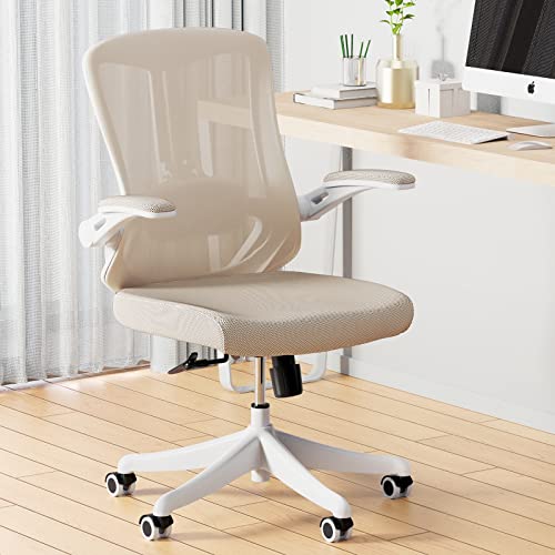 balmstar Ergonomic Chairs For Home Office Desk , Breathable Mid-Back Comfortable Mesh Computer Chair with PU Silent Wheels, Flip-up Armrests, Tilt Function, Lumbar Support (Khaki)