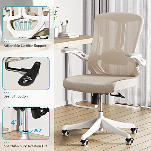 balmstar Ergonomic Chairs For Home Office Desk , Breathable Mid-Back Comfortable Mesh Computer Chair with PU Silent Wheels, Flip-up Armrests, Tilt Function, Lumbar Support (Khaki)