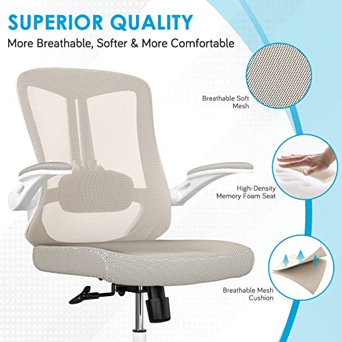 balmstar Ergonomic Chairs For Home Office Desk , Breathable Mid-Back Comfortable Mesh Computer Chair with PU Silent Wheels, Flip-up Armrests, Tilt Function, Lumbar Support (Khaki)