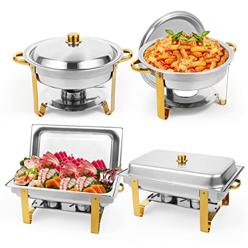 Restlrious Chafing Dish Buffet Set of 4, Stainless Steel 5 QT Round & 8 QT Rectangular Large Capacity Chafers and Buffet Warmers Set w/Food Pan Water Pan, Fuel Can for Catering Event Party Gathering