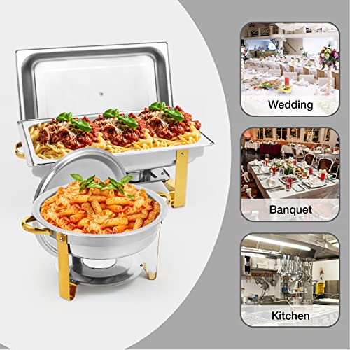 Restlrious Chafing Dish Buffet Set of 4, Stainless Steel 5 QT Round & 8 QT Rectangular Large Capacity Chafers and Buffet Warmers Set w/Food Pan Water Pan, Fuel Can for Catering Event Party Gathering