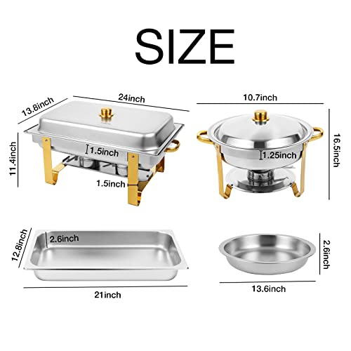 Restlrious Chafing Dish Buffet Set of 4, Stainless Steel 5 QT Round & 8 QT Rectangular Large Capacity Chafers and Buffet Warmers Set w/Food Pan Water Pan, Fuel Can for Catering Event Party Gathering