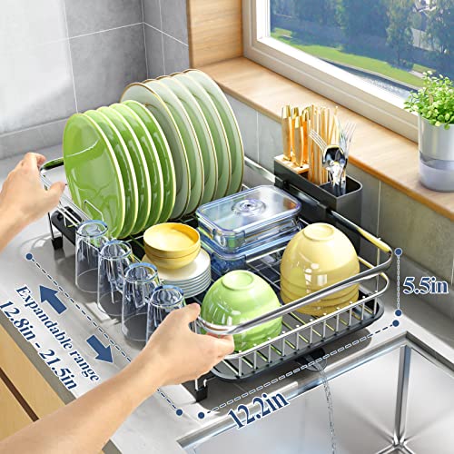 PXRACK Dish Drying Rack, Expandable(12.8"-21.5") Dish Rack with Utensil Holder Cup Holder, Stainless Steel Dish Rack and Drainboard Set for Kitchen Counter, Silver