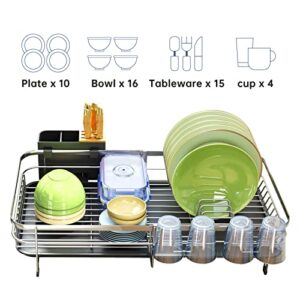 PXRACK Dish Drying Rack, Expandable(12.8"-21.5") Dish Rack with Utensil Holder Cup Holder, Stainless Steel Dish Rack and Drainboard Set for Kitchen Counter, Silver