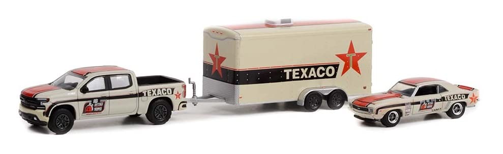 Greenlight 31140-C Racing Hitch & Tow Series 4 2021 Chevy Silverado and 1969 Camaro RS Texaco #18 2021 Optima Ultimate Street Car National Champ with Enclosed Car Hauler 1:64 Scale Diecast