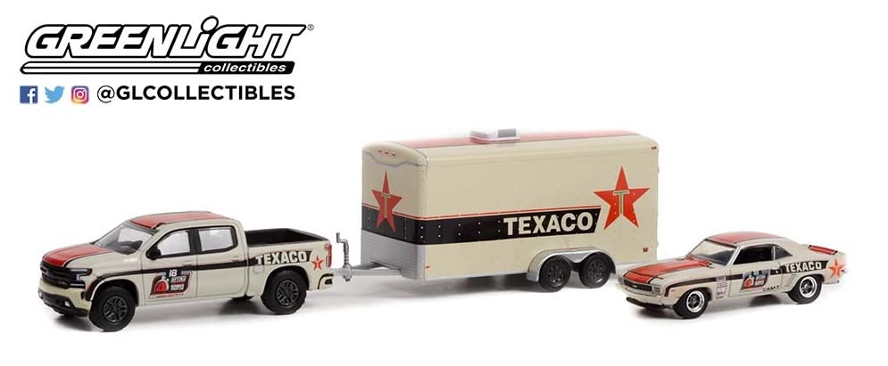 Greenlight 31140-C Racing Hitch & Tow Series 4 2021 Chevy Silverado and 1969 Camaro RS Texaco #18 2021 Optima Ultimate Street Car National Champ with Enclosed Car Hauler 1:64 Scale Diecast