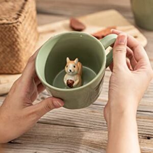 DIHOclub Squirrel Ceramic Cup Hidden 3D Animal Inside Mug,Cute Cartoon Handmade Figurine Mugs,Holiday and Birthday Gift for Coffee Milk Tea Lovers,12 OZ(Light Green)