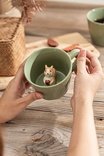 DIHOclub Squirrel Ceramic Cup Hidden 3D Animal Inside Mug,Cute Cartoon Handmade Figurine Mugs,Holiday and Birthday Gift for Coffee Milk Tea Lovers,12 OZ(Light Green)