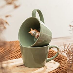 DIHOclub Squirrel Ceramic Cup Hidden 3D Animal Inside Mug,Cute Cartoon Handmade Figurine Mugs,Holiday and Birthday Gift for Coffee Milk Tea Lovers,12 OZ(Light Green)