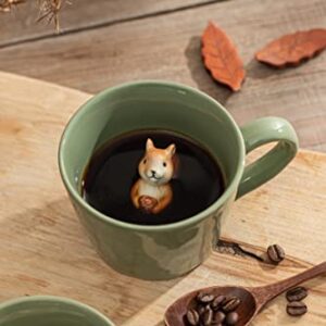 DIHOclub Squirrel Ceramic Cup Hidden 3D Animal Inside Mug,Cute Cartoon Handmade Figurine Mugs,Holiday and Birthday Gift for Coffee Milk Tea Lovers,12 OZ(Light Green)