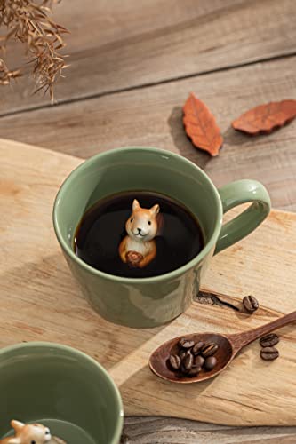 DIHOclub Squirrel Ceramic Cup Hidden 3D Animal Inside Mug,Cute Cartoon Handmade Figurine Mugs,Holiday and Birthday Gift for Coffee Milk Tea Lovers,12 OZ(Light Green)