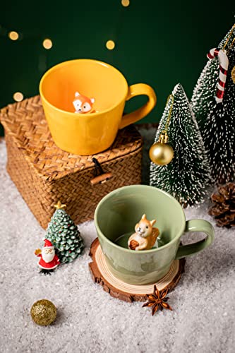 DIHOclub Squirrel Ceramic Cup Hidden 3D Animal Inside Mug,Cute Cartoon Handmade Figurine Mugs,Holiday and Birthday Gift for Coffee Milk Tea Lovers,12 OZ(Light Green)