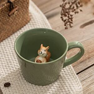 DIHOclub Squirrel Ceramic Cup Hidden 3D Animal Inside Mug,Cute Cartoon Handmade Figurine Mugs,Holiday and Birthday Gift for Coffee Milk Tea Lovers,12 OZ(Light Green)