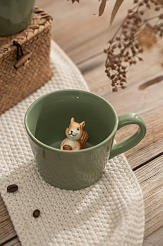 DIHOclub Squirrel Ceramic Cup Hidden 3D Animal Inside Mug,Cute Cartoon Handmade Figurine Mugs,Holiday and Birthday Gift for Coffee Milk Tea Lovers,12 OZ(Light Green)