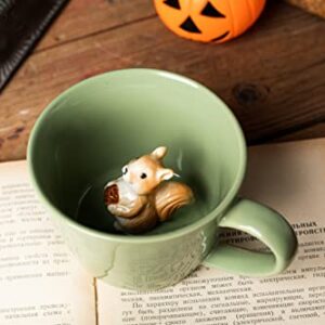 DIHOclub Squirrel Ceramic Cup Hidden 3D Animal Inside Mug,Cute Cartoon Handmade Figurine Mugs,Holiday and Birthday Gift for Coffee Milk Tea Lovers,12 OZ(Light Green)