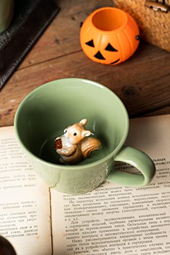 DIHOclub Squirrel Ceramic Cup Hidden 3D Animal Inside Mug,Cute Cartoon Handmade Figurine Mugs,Holiday and Birthday Gift for Coffee Milk Tea Lovers,12 OZ(Light Green)