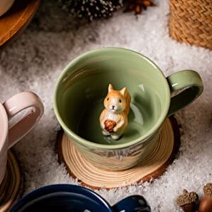 DIHOclub Squirrel Ceramic Cup Hidden 3D Animal Inside Mug,Cute Cartoon Handmade Figurine Mugs,Holiday and Birthday Gift for Coffee Milk Tea Lovers,12 OZ(Light Green)