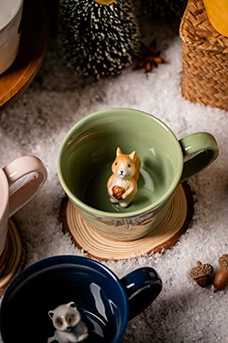 DIHOclub Squirrel Ceramic Cup Hidden 3D Animal Inside Mug,Cute Cartoon Handmade Figurine Mugs,Holiday and Birthday Gift for Coffee Milk Tea Lovers,12 OZ(Light Green)