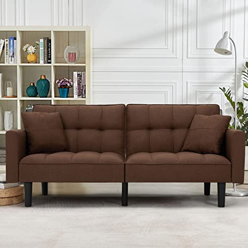 AVAWING Futon Sofa Bed, Modern Linen Fabric Convertible Sofa Bed Upholstered Sofa Couch Bed with Adjustable Back, Arms and High Strength Nylon Legs for Living Room, Apartment, Office（Brown）