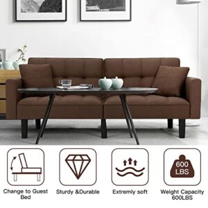 AVAWING Futon Sofa Bed, Modern Linen Fabric Convertible Sofa Bed Upholstered Sofa Couch Bed with Adjustable Back, Arms and High Strength Nylon Legs for Living Room, Apartment, Office（Brown）