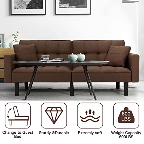 AVAWING Futon Sofa Bed, Modern Linen Fabric Convertible Sofa Bed Upholstered Sofa Couch Bed with Adjustable Back, Arms and High Strength Nylon Legs for Living Room, Apartment, Office（Brown）