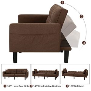 AVAWING Futon Sofa Bed, Modern Linen Fabric Convertible Sofa Bed Upholstered Sofa Couch Bed with Adjustable Back, Arms and High Strength Nylon Legs for Living Room, Apartment, Office（Brown）