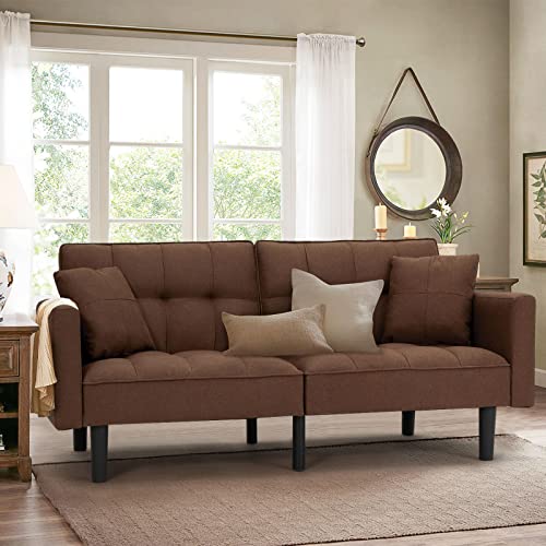 AVAWING Futon Sofa Bed, Modern Linen Fabric Convertible Sofa Bed Upholstered Sofa Couch Bed with Adjustable Back, Arms and High Strength Nylon Legs for Living Room, Apartment, Office（Brown）