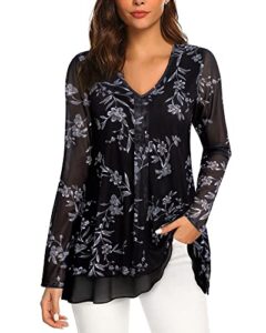 triratna women's tunic tops work blouses for women office professional pleated front ruffle hem v neck double layers fancy gorgeous tunic shirts vacation dressy tops black-white floral,l