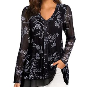 Triratna Women's Tunic Tops Work Blouses for Women Office Professional Pleated Front Ruffle Hem V Neck Double Layers Fancy Gorgeous Tunic Shirts Vacation Dressy Tops Black-White Floral,L