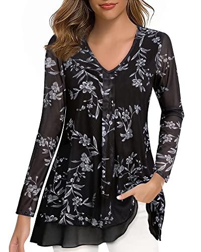 Triratna Women's Tunic Tops Work Blouses for Women Office Professional Pleated Front Ruffle Hem V Neck Double Layers Fancy Gorgeous Tunic Shirts Vacation Dressy Tops Black-White Floral,L