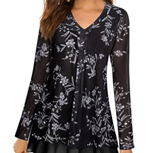 Triratna Women's Tunic Tops Work Blouses for Women Office Professional Pleated Front Ruffle Hem V Neck Double Layers Fancy Gorgeous Tunic Shirts Vacation Dressy Tops Black-White Floral,L