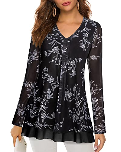 Triratna Women's Tunic Tops Work Blouses for Women Office Professional Pleated Front Ruffle Hem V Neck Double Layers Fancy Gorgeous Tunic Shirts Vacation Dressy Tops Black-White Floral,L