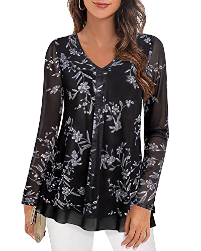 Triratna Women's Tunic Tops Work Blouses for Women Office Professional Pleated Front Ruffle Hem V Neck Double Layers Fancy Gorgeous Tunic Shirts Vacation Dressy Tops Black-White Floral,L