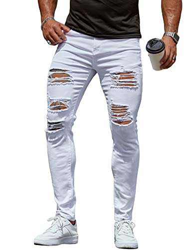 WDIRARA Men's High Waisted Ripped Skinny Jeans Long Denim Pants with Pocket White XXL