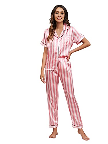 WDIRARA Women's 2 Piece Sleepwear Striped Satin Short Sleeve Shirt and Pants Pajama Set Pink M