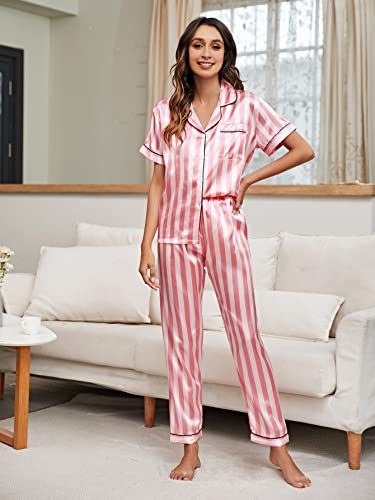 WDIRARA Women's 2 Piece Sleepwear Striped Satin Short Sleeve Shirt and Pants Pajama Set Pink M