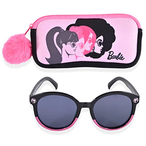 Barbie Girl's Cat Eye Sunglasses and Handled Hard Case Set (Pink-White-Black)