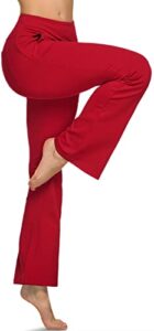 tsla womens bootcut yoga pants with pockets, tummy control high waist bootleg yoga pants, 4 way stretch workout pants, bootcut petite red, large